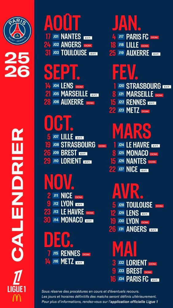 Official - PSG match schedule for Ligue 1 2025-2026 unveiled