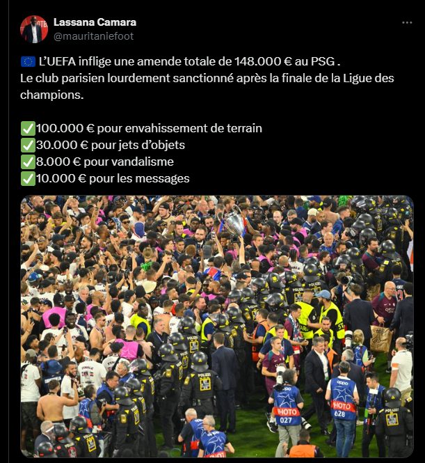 PSG - €148,000 fine from UEFA, an expensive final