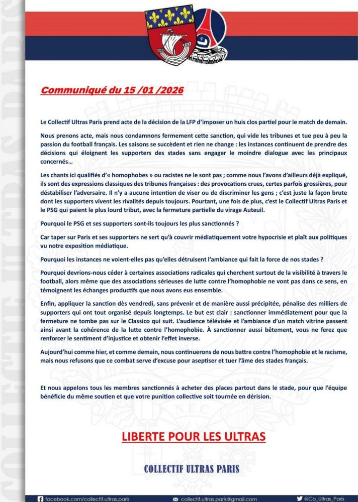 PSG vs Lille – Punished, the Collectif Ultras Paris launches a scathing ...